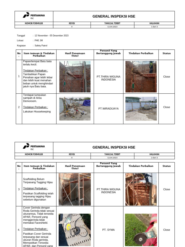 HSE Monitoring Temuan Project PHE JM Desember | PDF