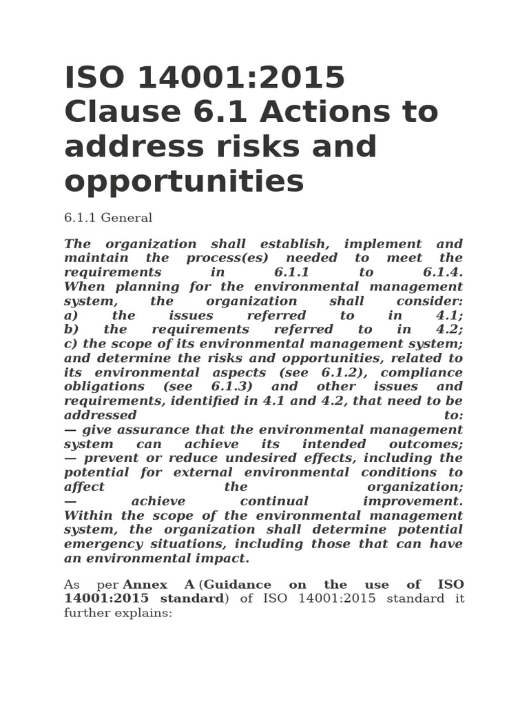 ISO 14001-2015 Clause 6-1 Actions To Address Risks and Opportunities | PDF