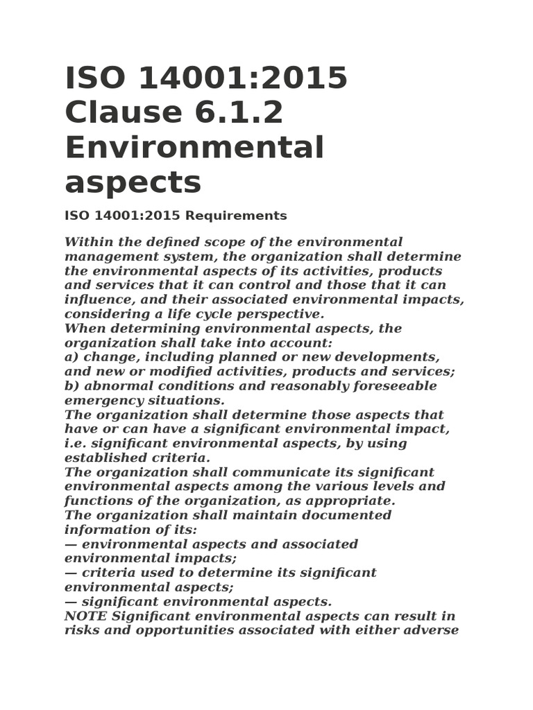 ISO 14001-2015 Clause 6-1-2 Environmental Aspects | PDF