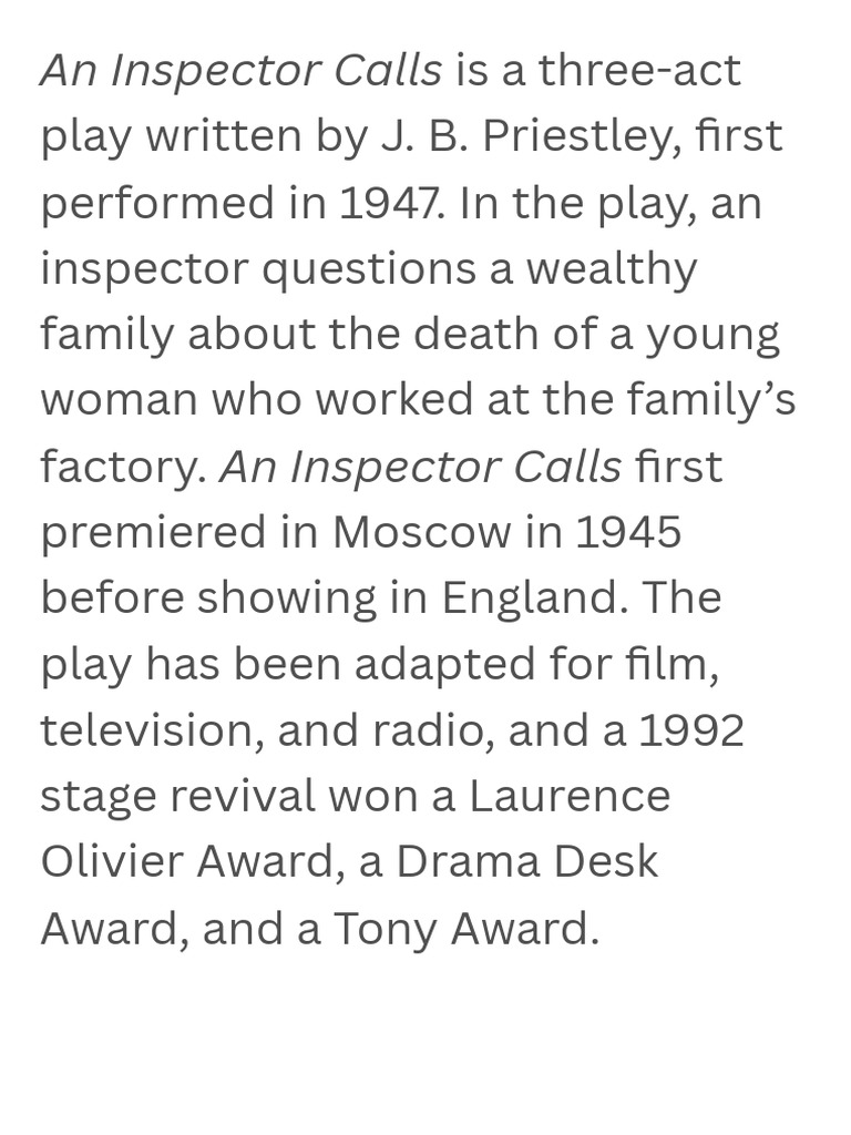 An Inspector Calls Is A Three-Act Play Written by J. B. Priestley ...