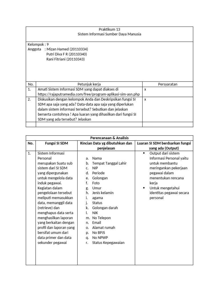 Praktikum SI SDM Pertemuan 13 - Perencanaan - Analisi SI SDM | PDF