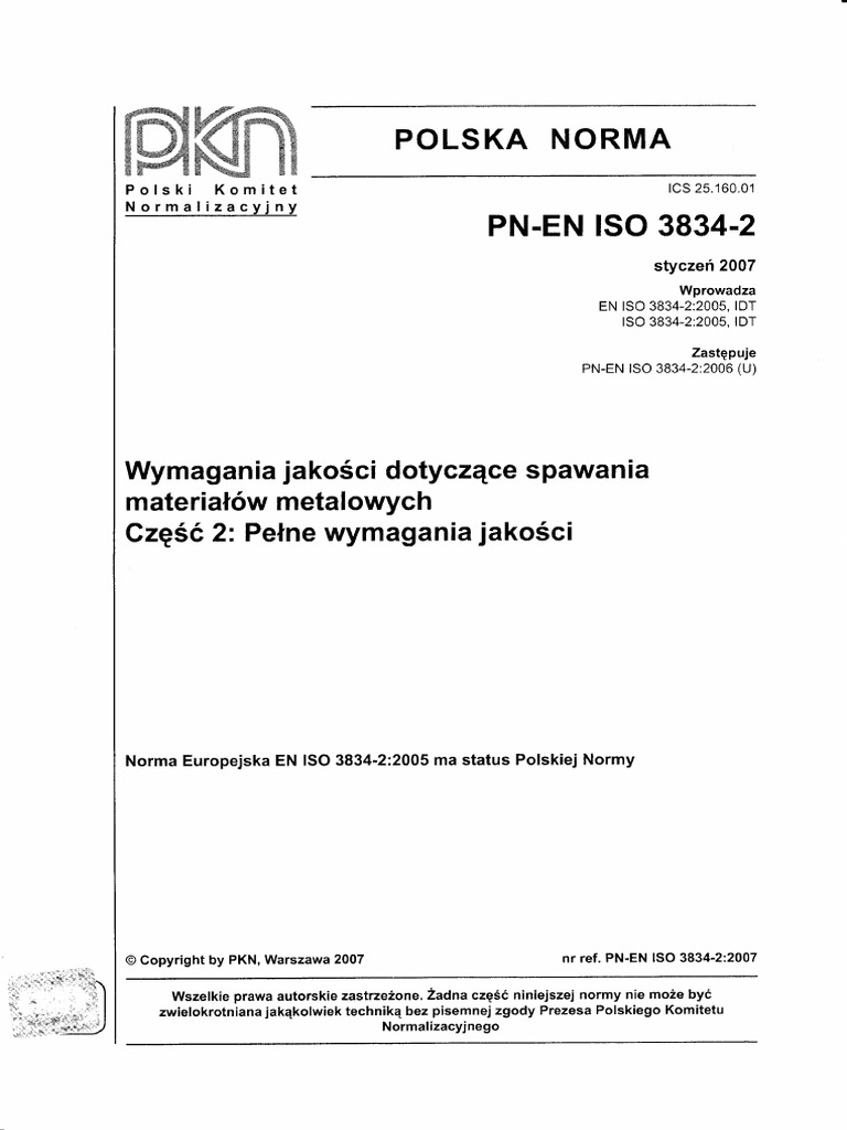 PN-EN ISO 3834-2 Wymagania Jakosci Dotyczace Spawania Materialow ...