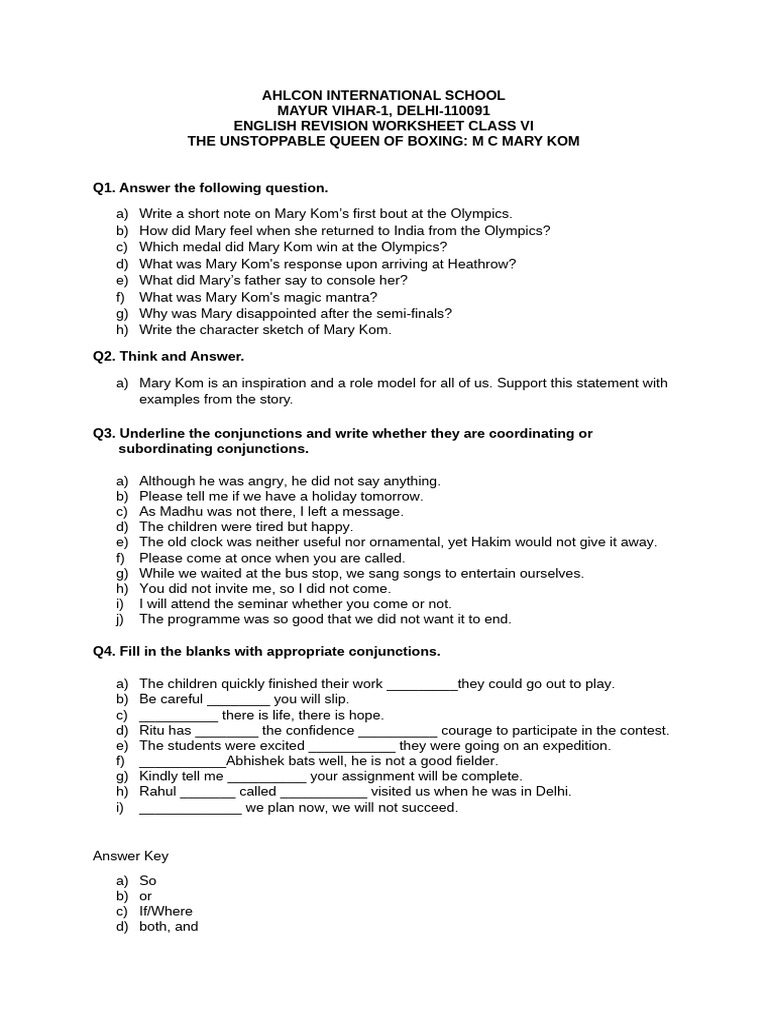Ls - Mary Kom + Conjunctions Revision Worksheet | PDF