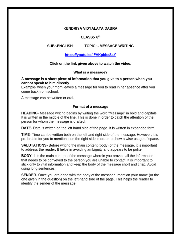 Message Writing Class 6th | PDF