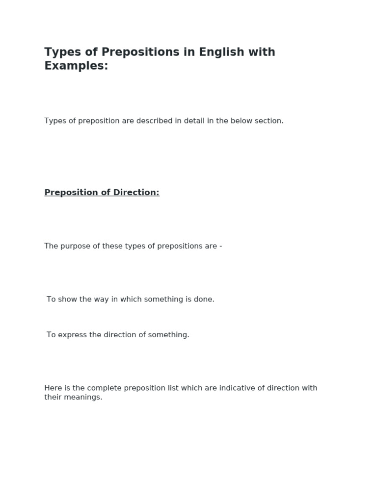 Types of Prepositions in English With Examples | PDF