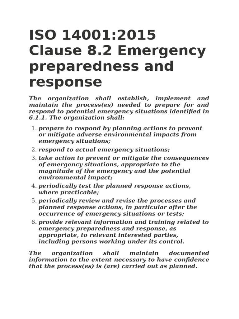 ISO 14001-2015 Clause 8-2 Emergency Preparedness and Response | PDF
