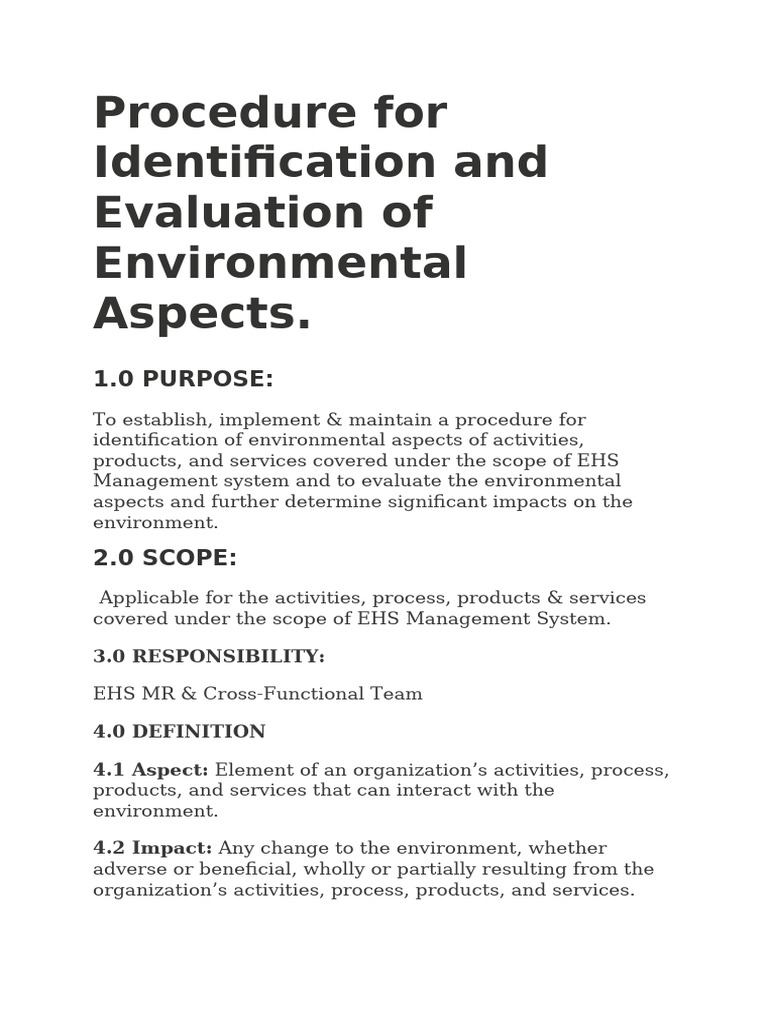 Procedure For Identification and Evaluation of Environmental Aspects. | PDF