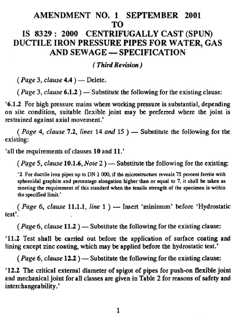 Amendment NO. 1 September 2001 IS 8329: 2000 Cent%Jgally Cast (Spun ...