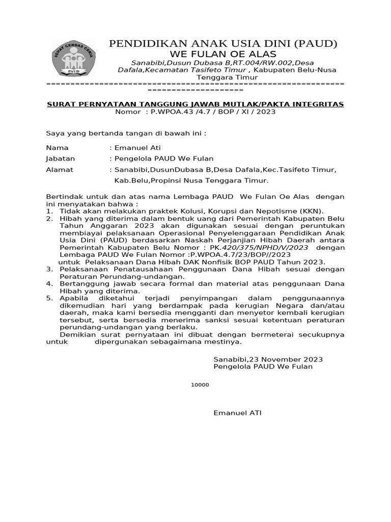 2022 Surat Dan Dokumen Pencairan BOP PAUD | PDF
