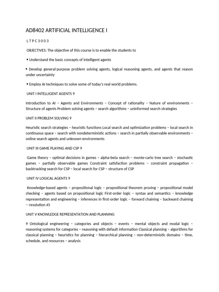 Ad8402 Artificial Intelligence I | PDF