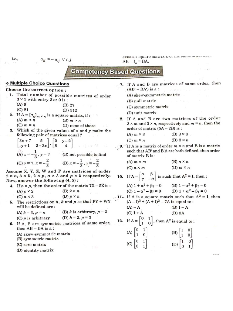 Matrices and Determinants CBQ | PDF