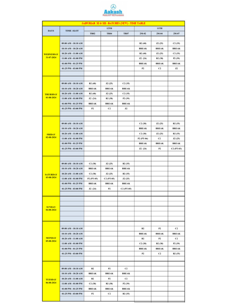 Jaipuriar Xi & Xii - Batches (New) - Time Table | PDF