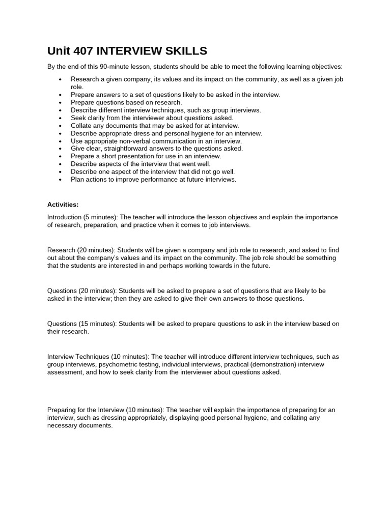 Lesson Plan U407 Interview Skills PreApp | PDF