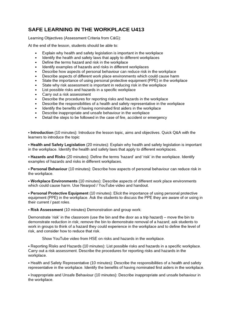 Lesson Plan U413 Safe Learning in The Workplace | PDF