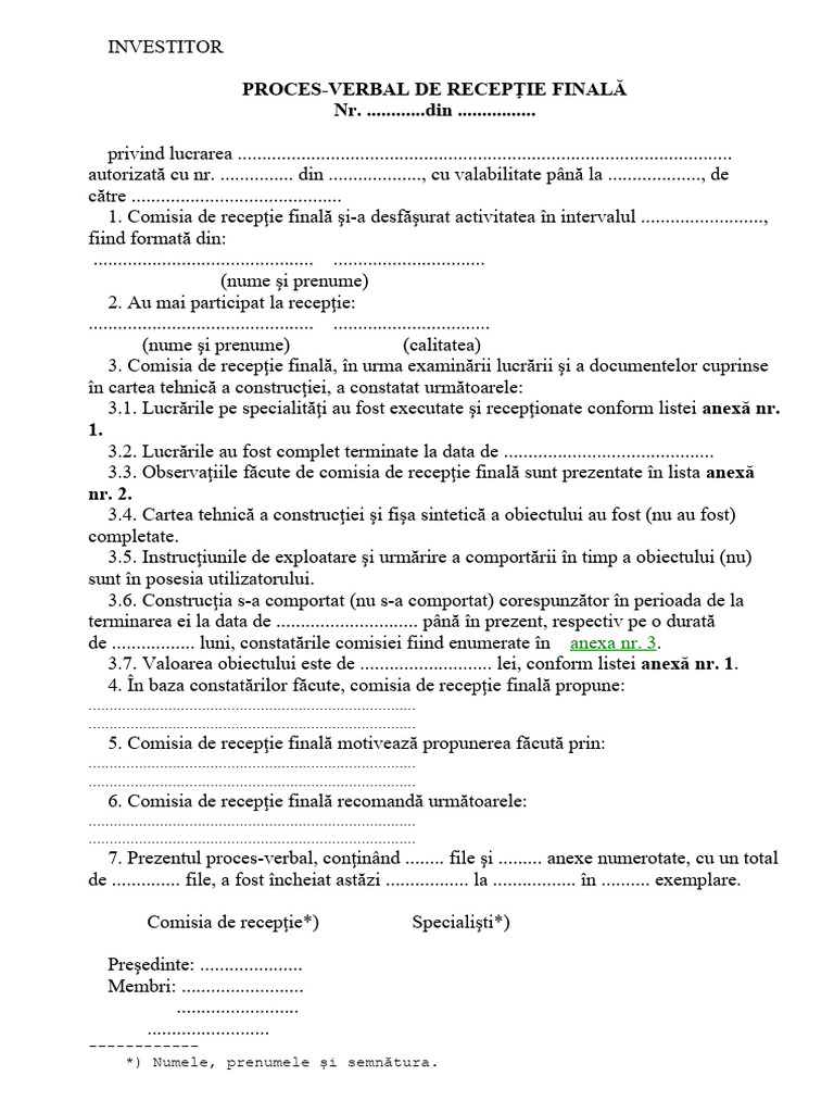 Proces Verbal de Receptie Finala | PDF