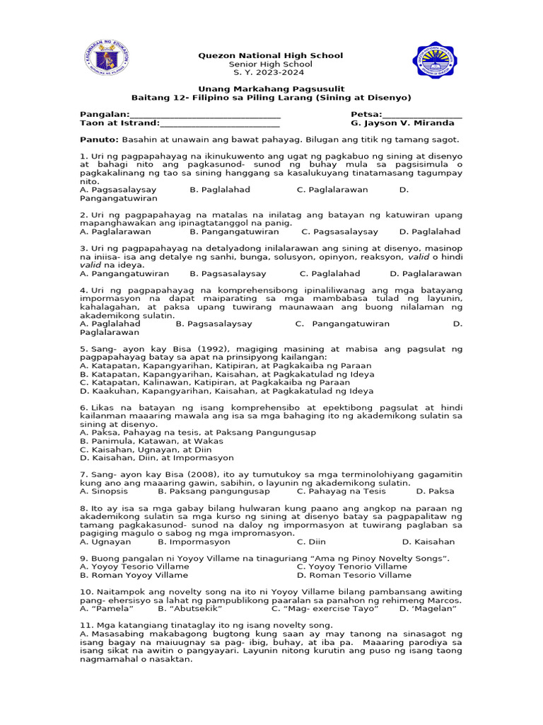 Pagsusulit - Unang Kuwarter-Sining at Disenyo | PDF