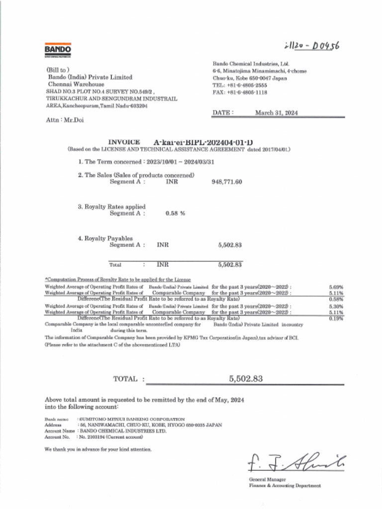 BIPL Royalty INVOICE 2023-2nd（Oct-Mar） (D) (CHN) 【Final Ver.】 | PDF