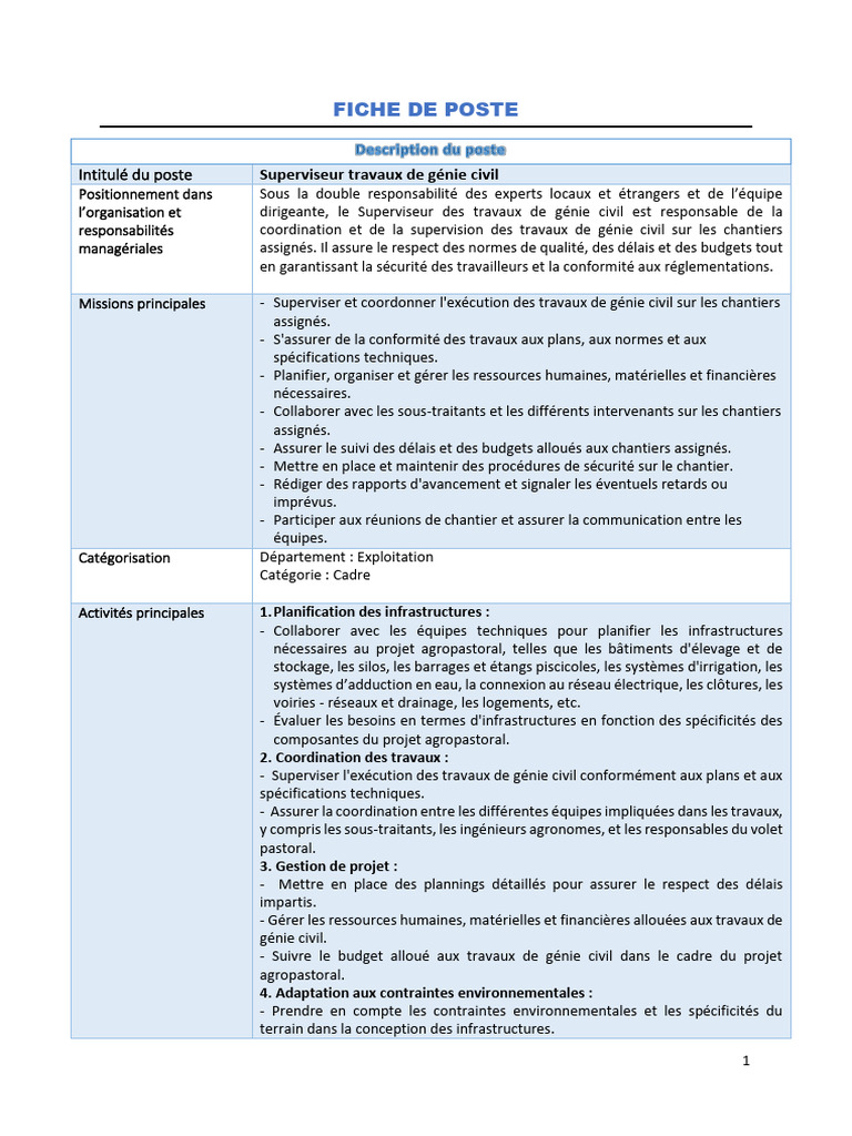 Fiche de poste_Superviseur travaux génie civil | PDF