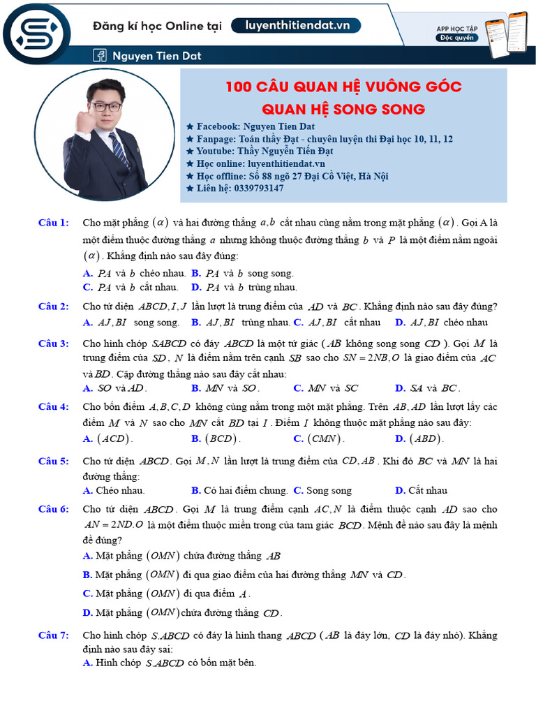 100 câu quan hệ vuông góc quan hệ song song | PDF