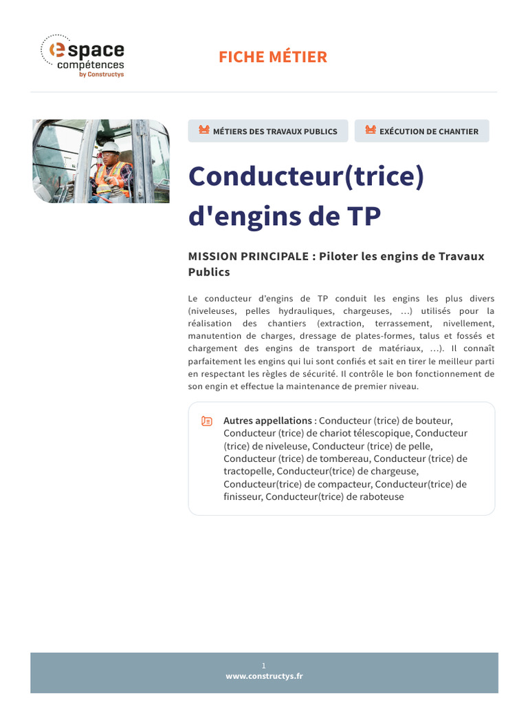 Fiche Métier - Conducteur (Trice) D'engins de TP | PDF