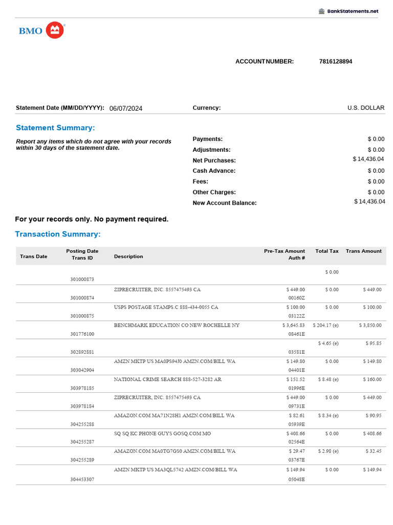 BMO-Bank-Statement REAL (1) - 1 | PDF | Payments | Cheque