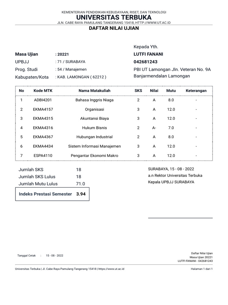 Daftar Nilai Ujian | PDF
