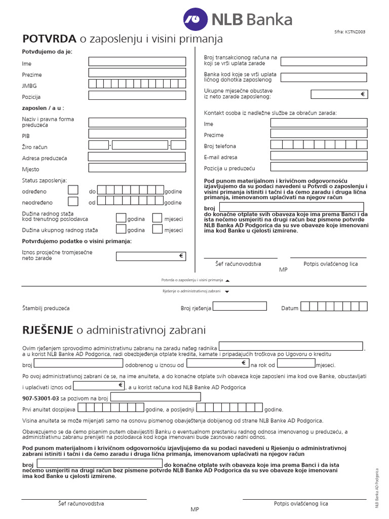 NLB Potvrda o Visini Primanja I Administrativna Zabrana | PDF