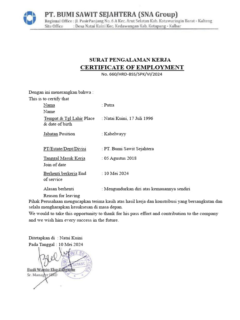 Certificate of Employment Pt. Bumi Sawit Sejahtera-1 | PDF