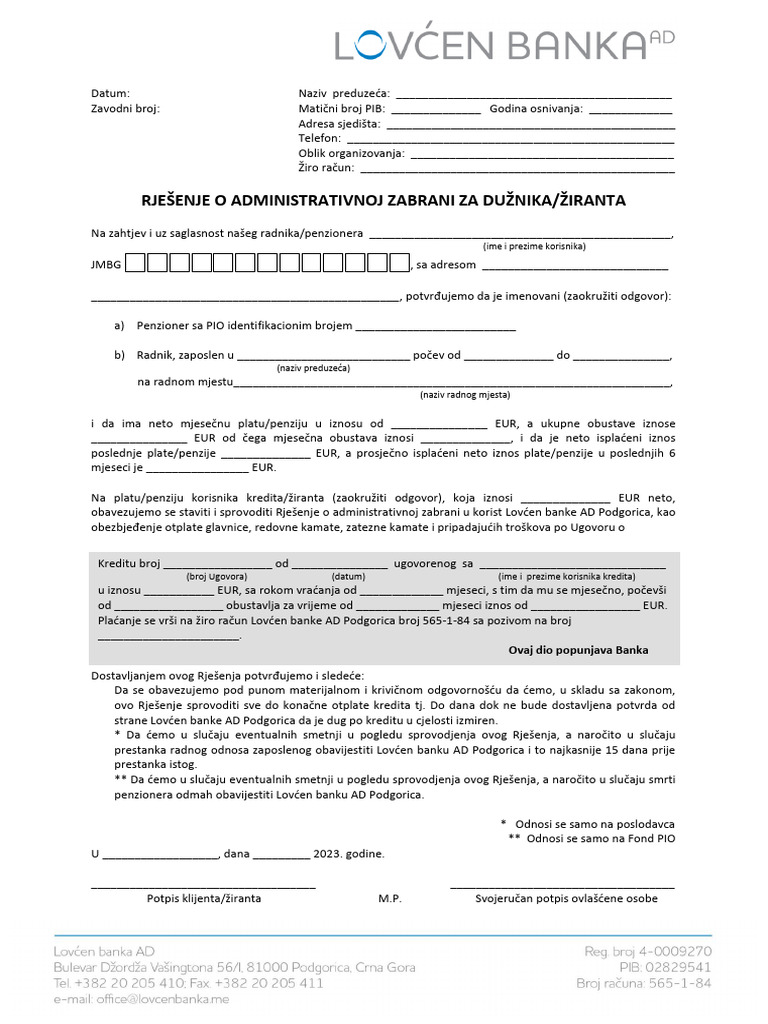 Formulari LOVĆEN Banka | PDF