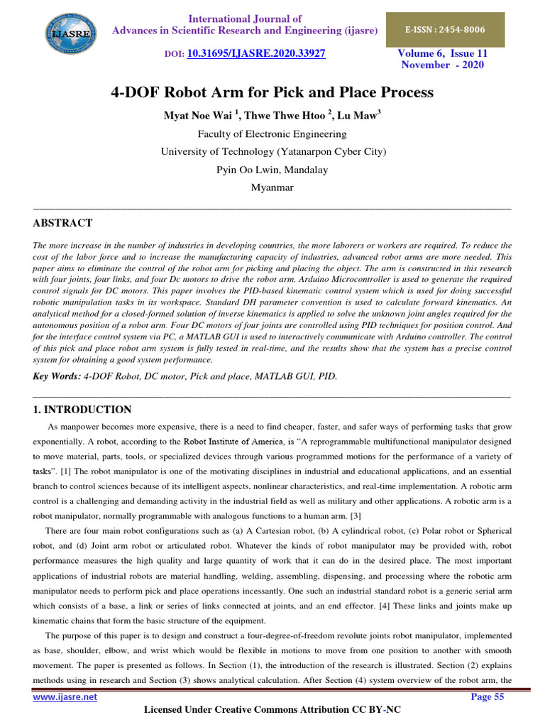 4 DOF Robot Arm For Pick and Place Proce | PDF
