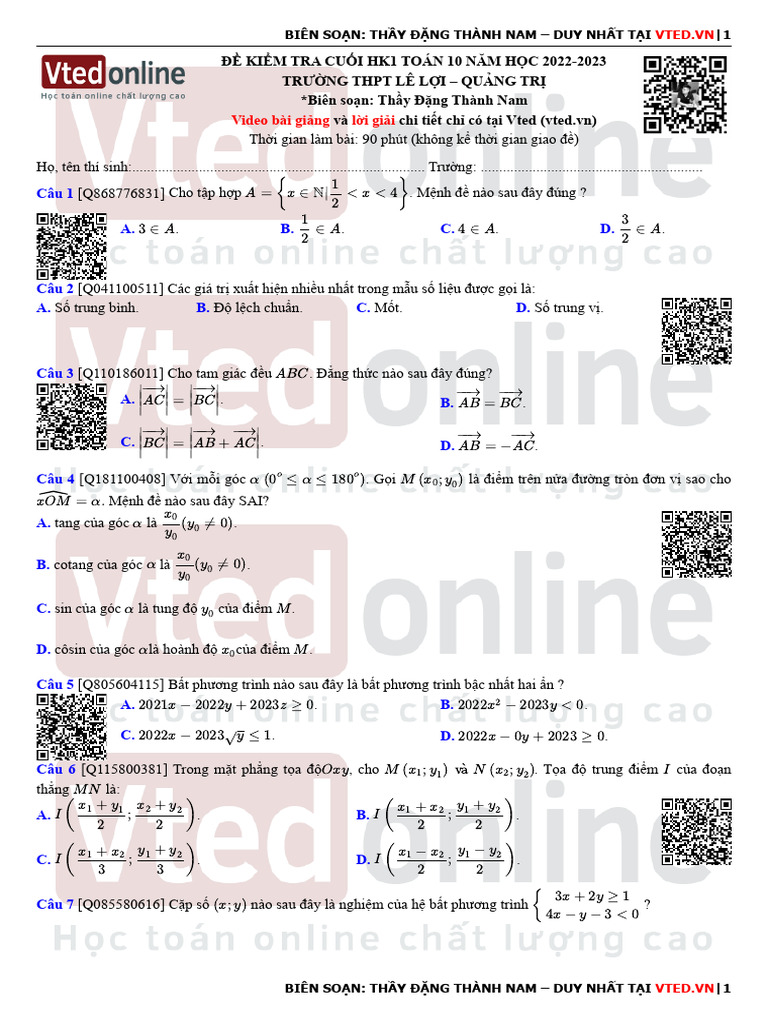 Đề kiểm tra cuối HK1 Toán 10 năm học 2022-2023 trường THPT Lê Lợi - Quảng Trị | PDF