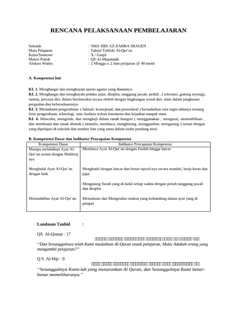 RPP Tahfidz Sma | PDF
