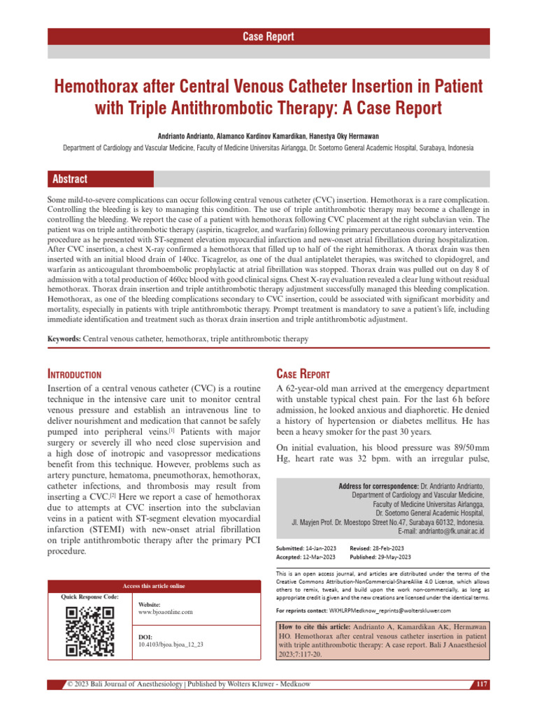Hemothorax After Central Venous Catheter Insertion.12 | PDF