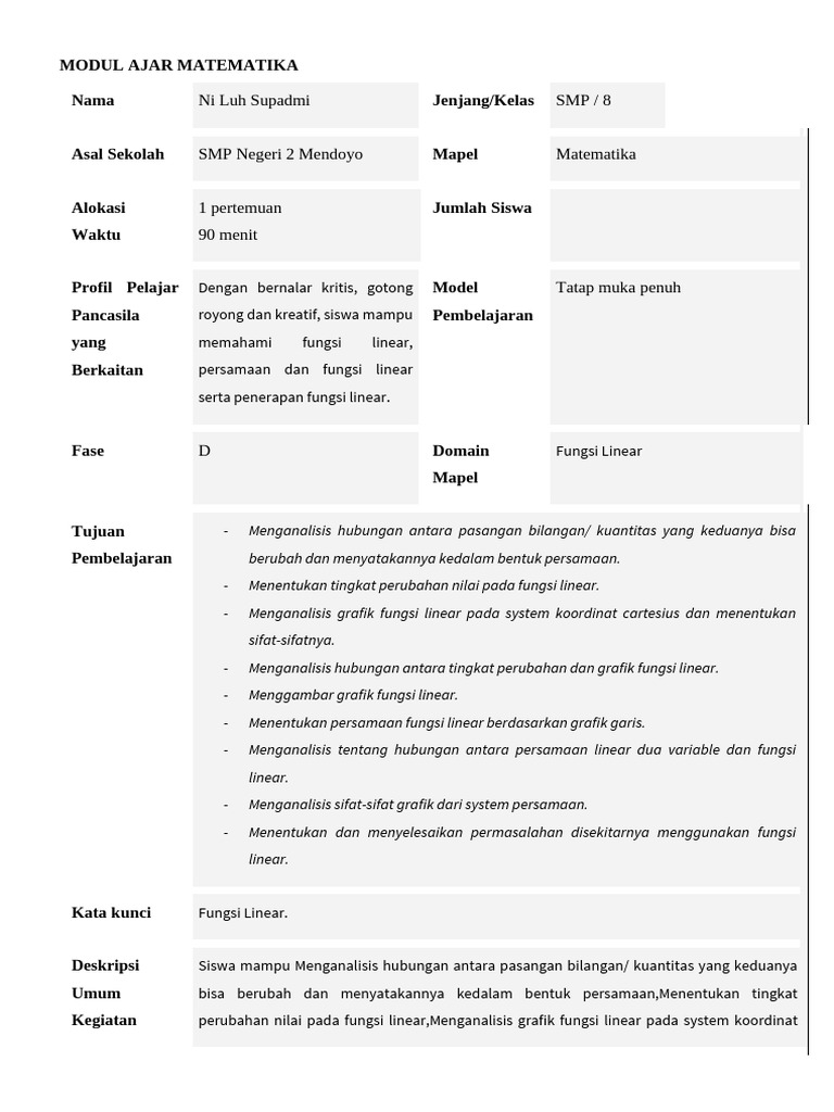 Modul Fungsi Linear Kelas 8 | PDF
