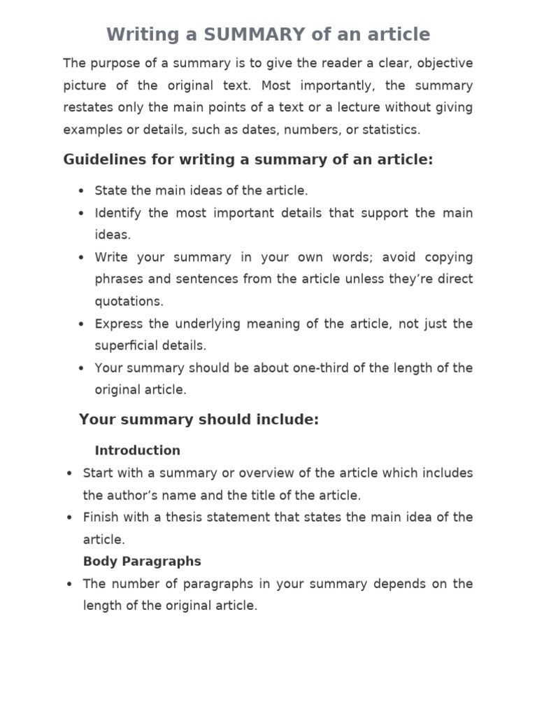 Writing A SUMMARY of An Article | PDF | Paragraph | Essays