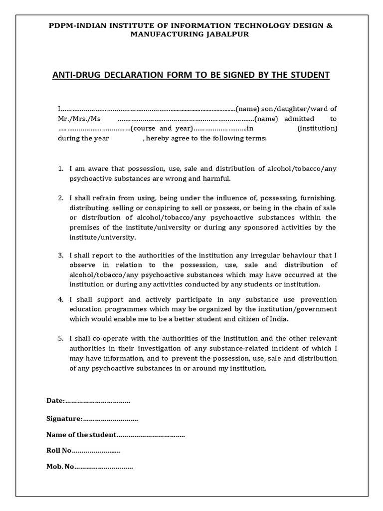 Anti-drug Declaration Form to Be Signed by the Student | PDF