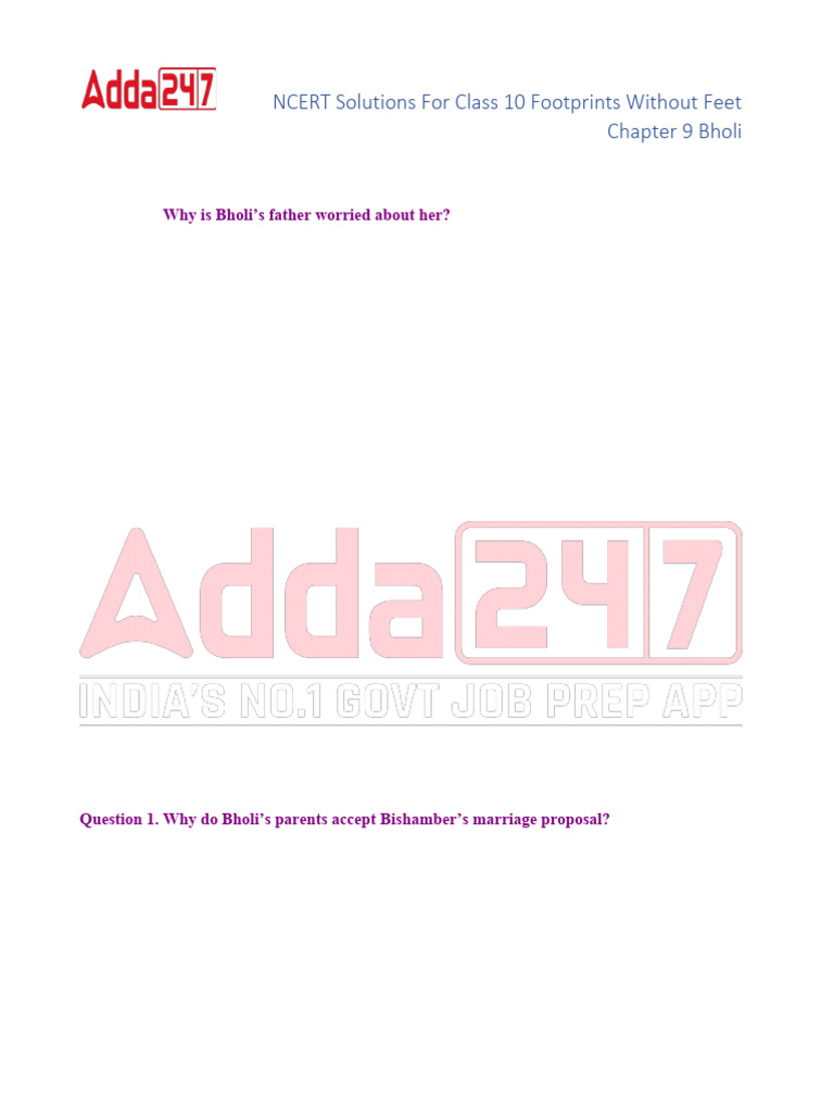 NCERT Solutions Class 10 Footprints Without Feet Chapter 9 Bholi | PDF