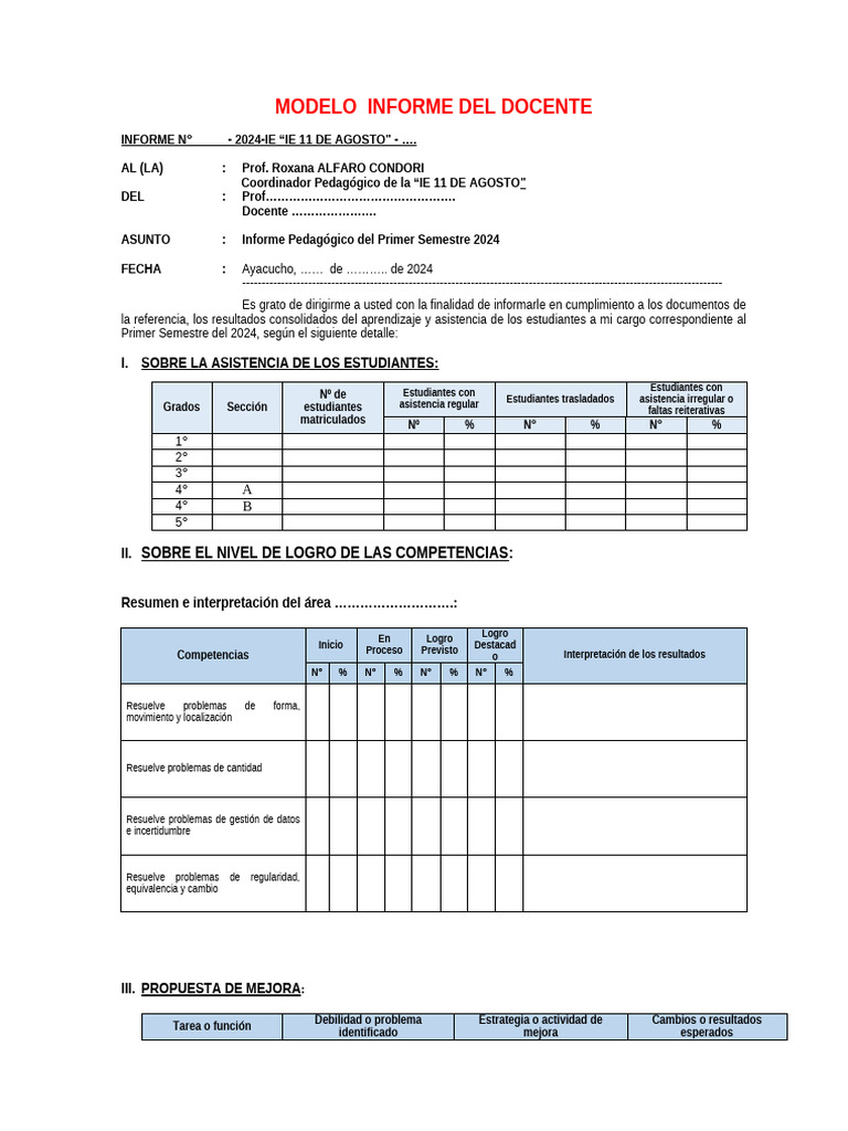 Informe Del Docente Secundaria 2024 | PDF | Evaluación | Aprendizaje
