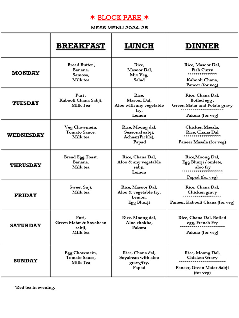 Mess Menu 2024 25 | PDF