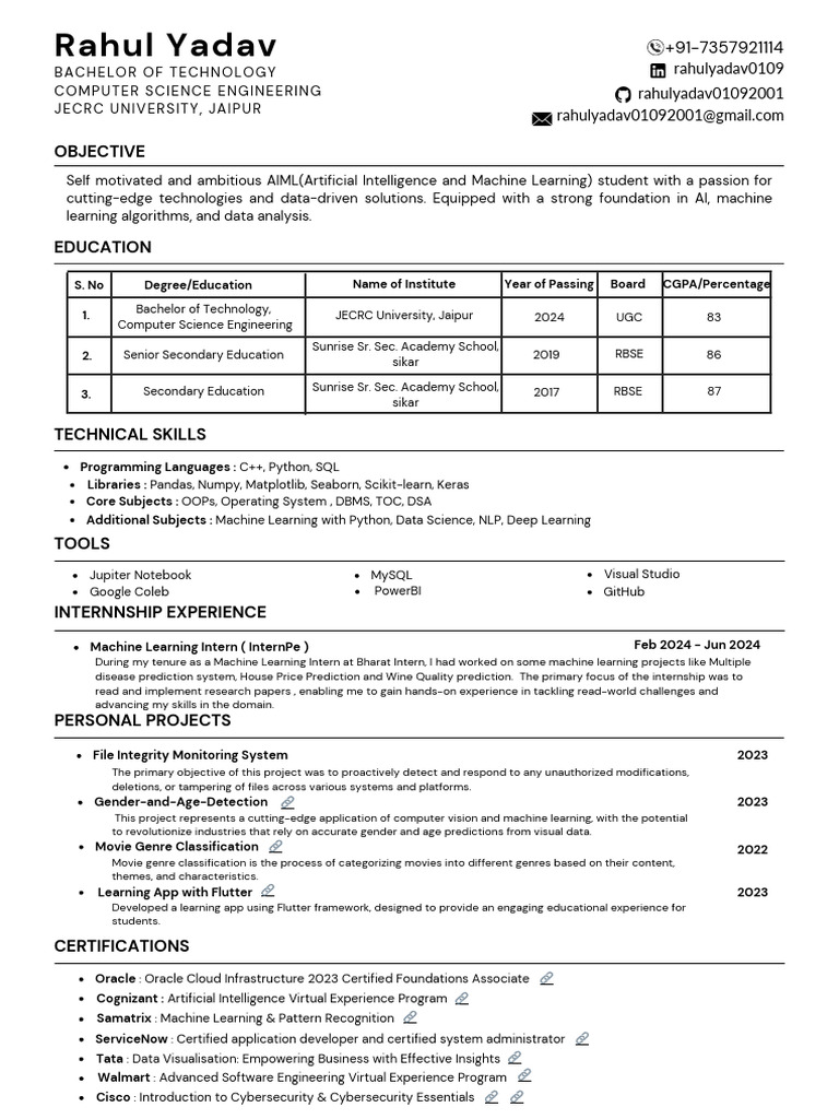 Rahul Yadav: AIML Student Profile | PDF | Machine Learning | Computers