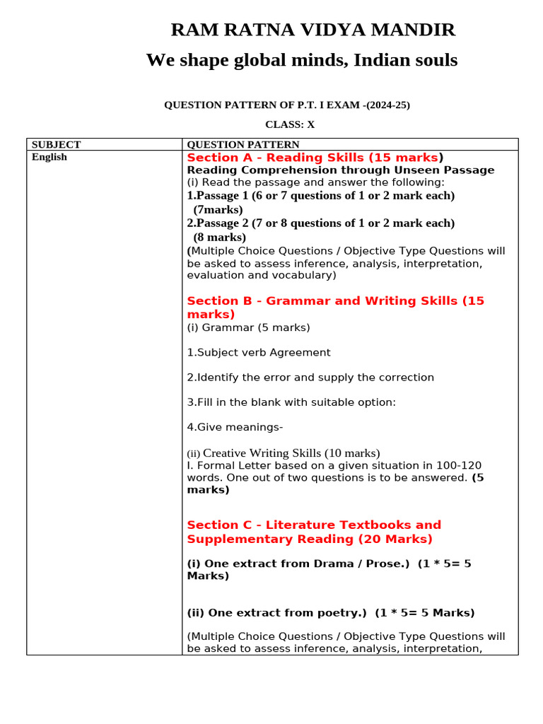 X QUESTION PATTERN FOR | PDF