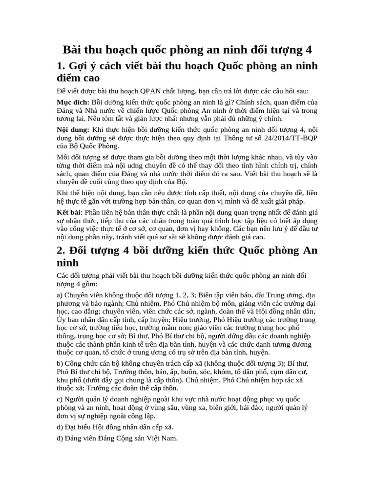 Bai Thu Hoach Boi Duong Kien Thuc Quoc Phong An Ninh Doi Tuong 4 | PDF
