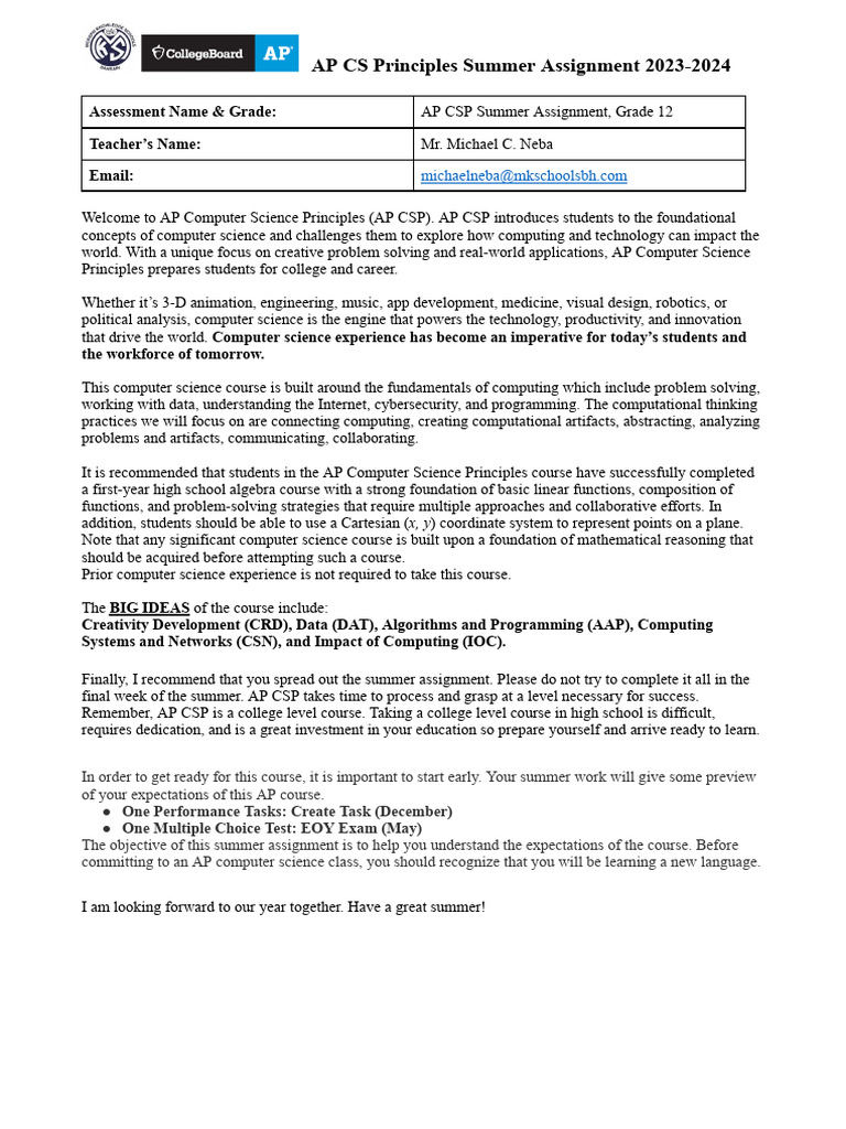 AP CSP Summer Assessment AY 2023-2024 | PDF