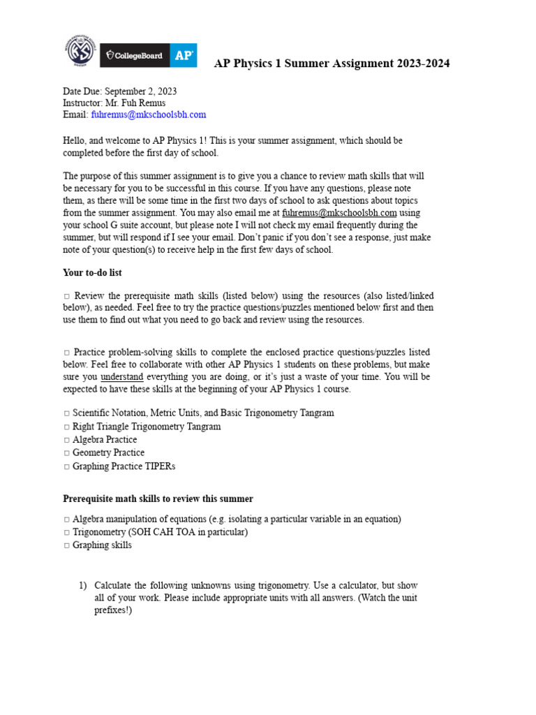 AP Physics 1 Summer Assignment | PDF | Force | Acceleration