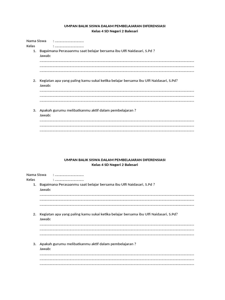Umpan Balik Siswa Pembelajaran Diferensiasi | PDF
