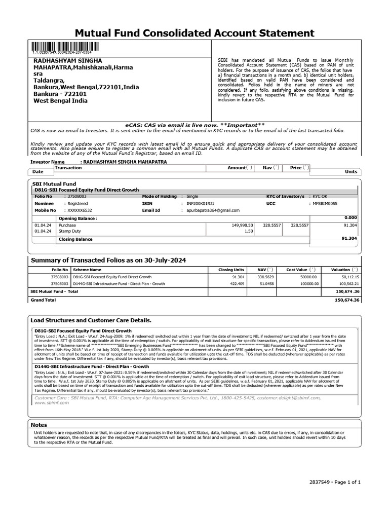 Mutual Fund Consolidated Account Statement | PDF