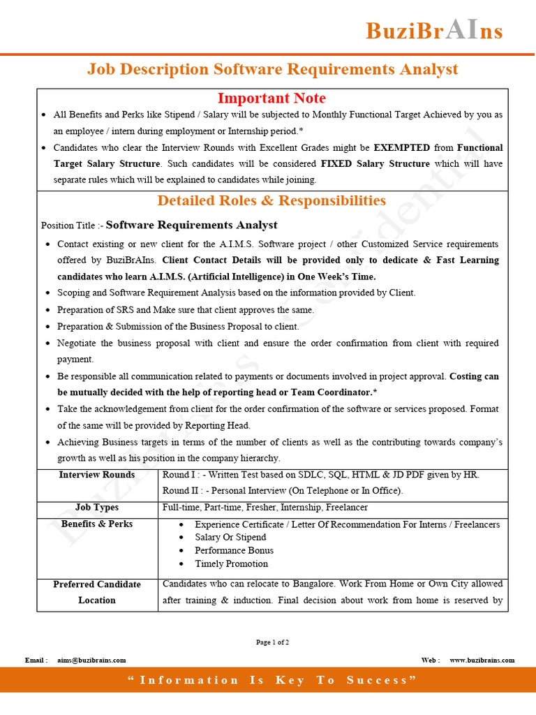 BuziBrAIns JD Software Requirements Analyst | PDF