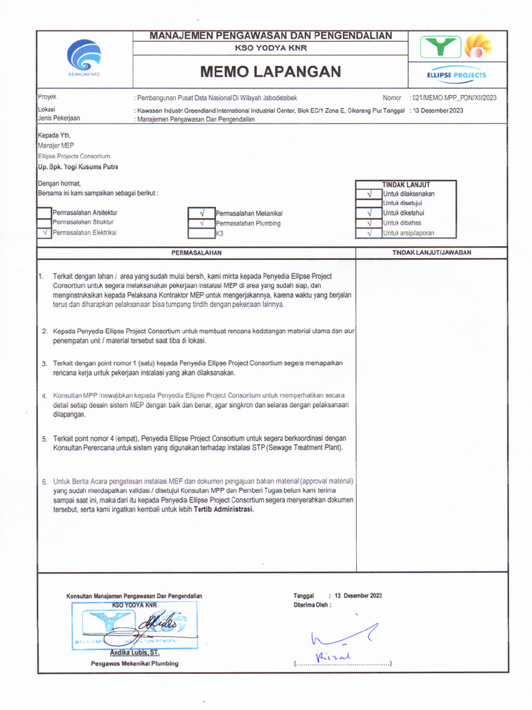Memo - Lapangan 021 MP (13 Desember 2023) R0 | PDF