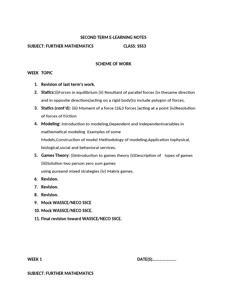 SSS3 Further Mathematics Second Term e Learning Notes | PDF