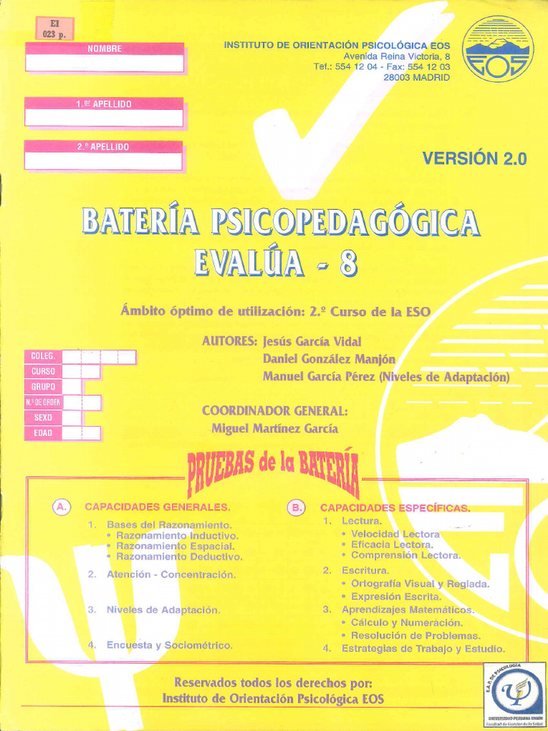 Bateria Psicopedagogica Evalua 8 | PDF